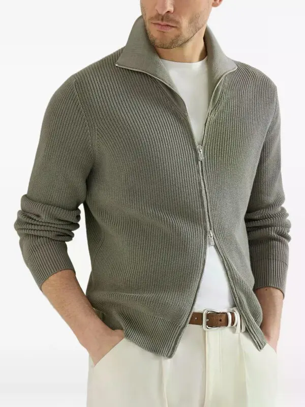 Brunello Cucinelli Cotton Half English Rib Cardigan With Zipper - Green
