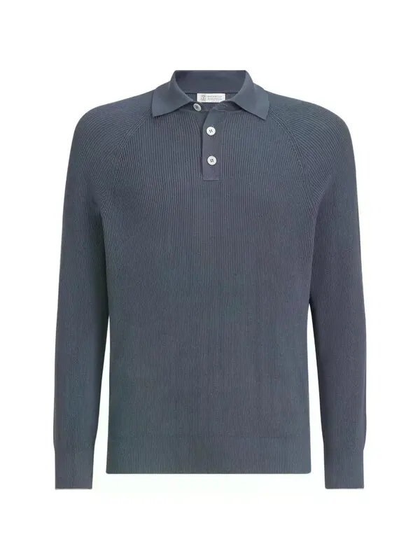 Brunello Cucinelli Cotton English Rib Knit Polo With Long Raglan Sleeves - Blue