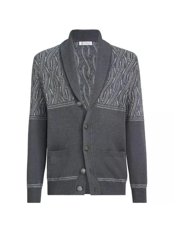 Brunello Cucinelli Cotton Shawl-collar Cardigan With Jacquard Cable Shoulder - Grey
