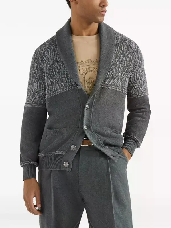 Brunello Cucinelli Cotton Shawl-collar Cardigan With Jacquard Cable Shoulder - Grey