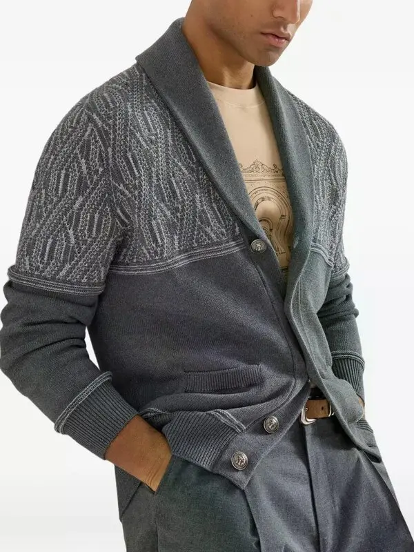 Brunello Cucinelli Cotton Shawl-collar Cardigan With Jacquard Cable Shoulder - Grey