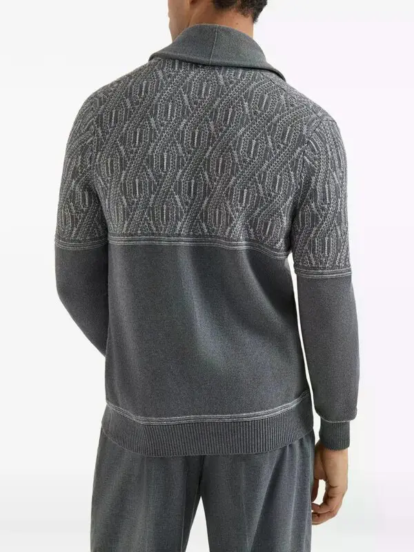 Brunello Cucinelli Cotton Shawl-collar Cardigan With Jacquard Cable Shoulder - Grey