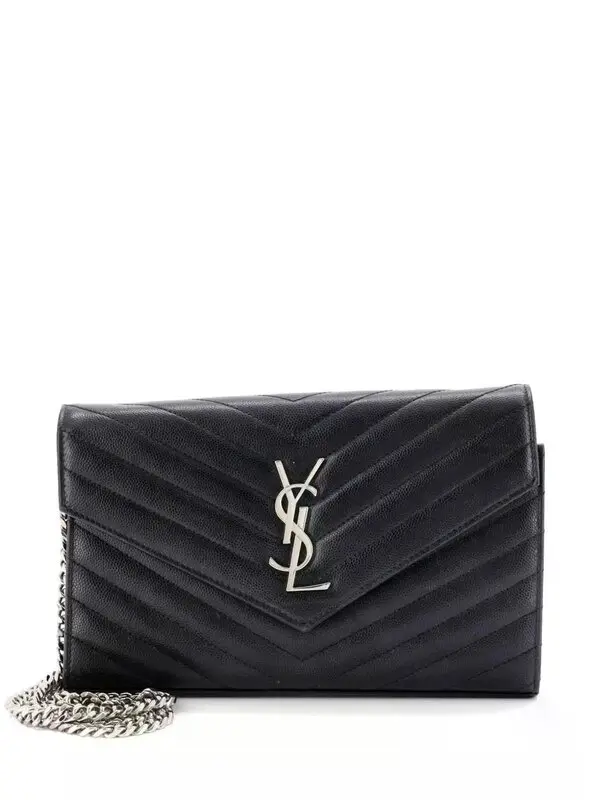 Saint Laurent Classic Monogram Wallet On Chain Matelasse Chevron Leather Medium Crossbody Bag - Black