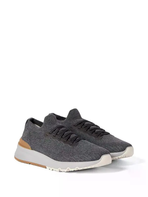 Brunello Cucinelli Cotton Knit And Calfskin Runners - Grey