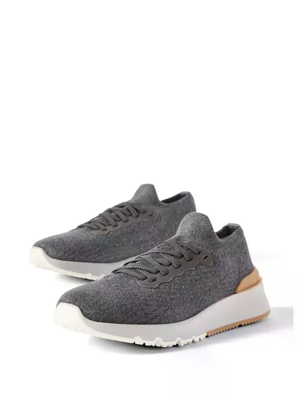 Brunello Cucinelli Cotton Knit And Calfskin Runners - Grey