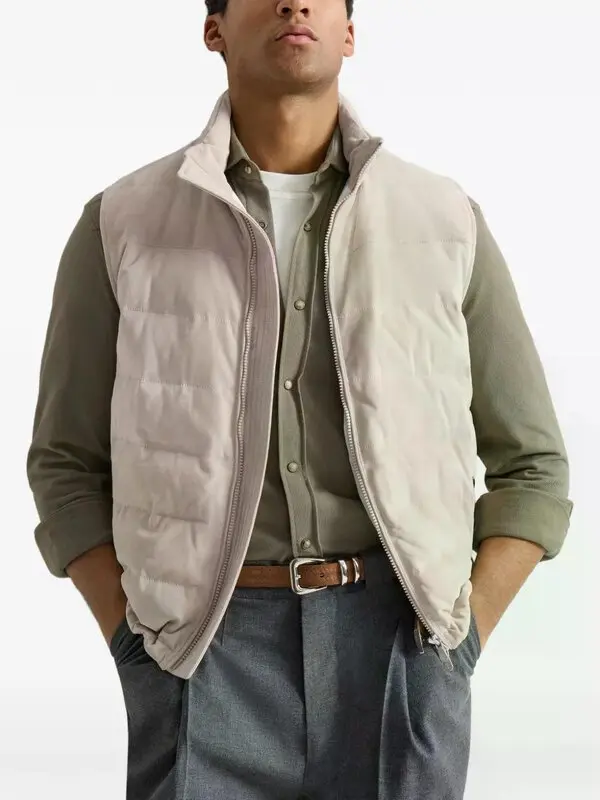 Brunello Cucinelli Quilted Suede Down Vest With Packable Hood - Neutrals
