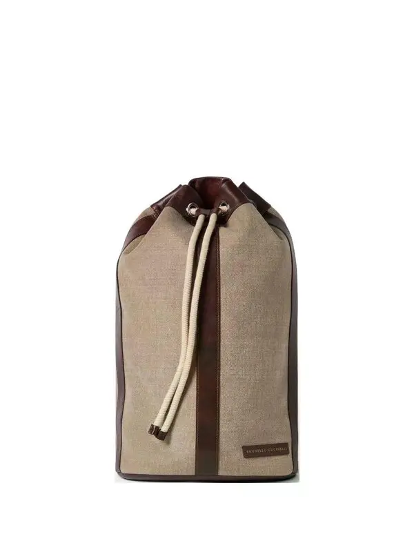 Brunello Cucinelli Water-resistant Canvas And Burnished Calfskin Drawstring Backpack - Neutrals