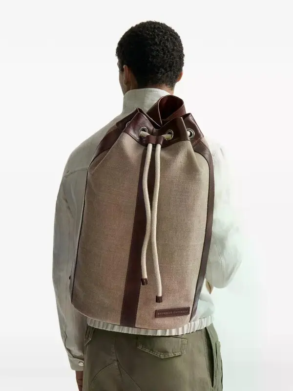 Brunello Cucinelli Water-resistant Canvas And Burnished Calfskin Drawstring Backpack - Neutrals