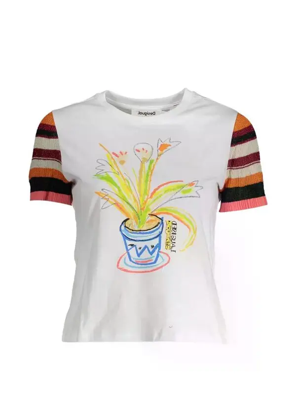 Desigual Flower-pot Print Striped-sleeve T-shirt - White