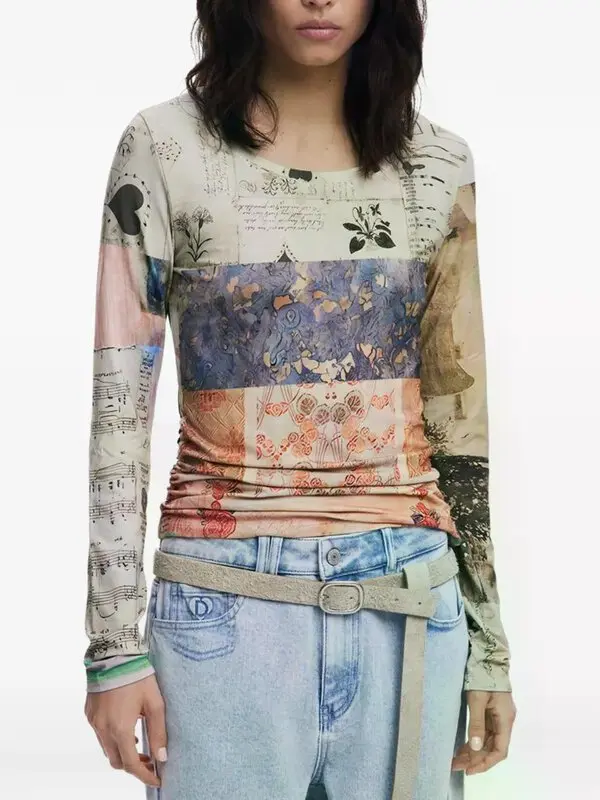 Desigual Collage Ruched Long-sleeved T-shirt - Neutrals