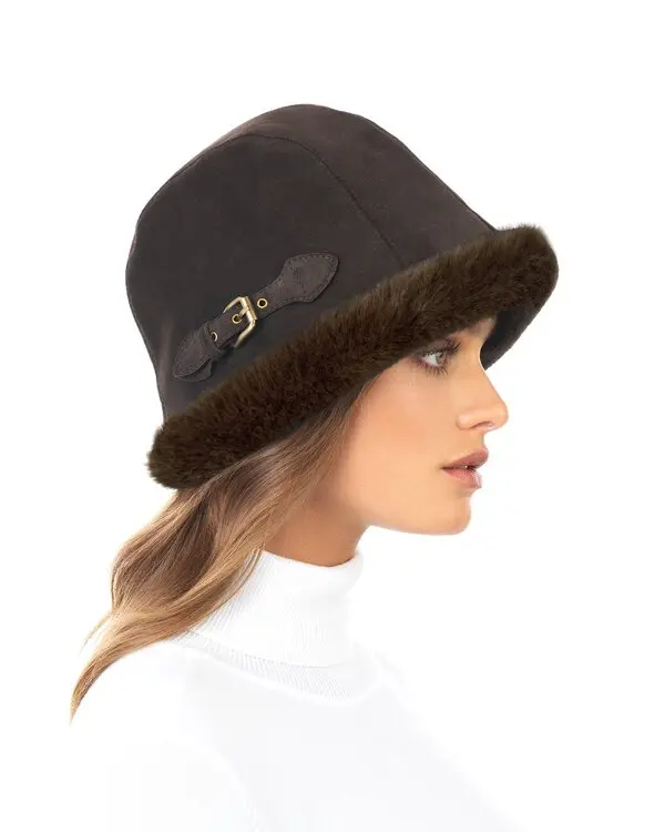 Eric Javits Suede Cloche Hat With Faux Fur Lining - Stucco