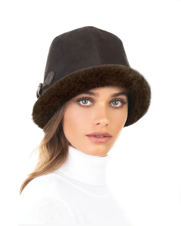 Eric Javits Suede Cloche Hat With Faux Fur Lining - Stucco