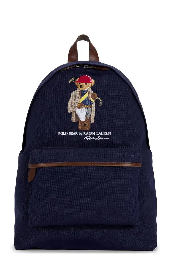 Polo Ralph Lauren Canvas & Leather Novelty Polo Society Bear Large Backpack In Navy - Newport Navy