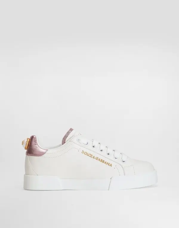 Dolce & Gabbana Portofino Sneakers In Nappa Calfskin With Lettering - White/pink
