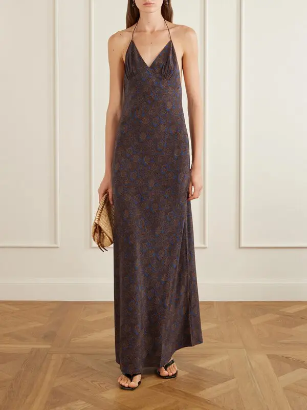 Matteau Printed Silk-crepe De Chine Halterneck Maxi Dress - Brown