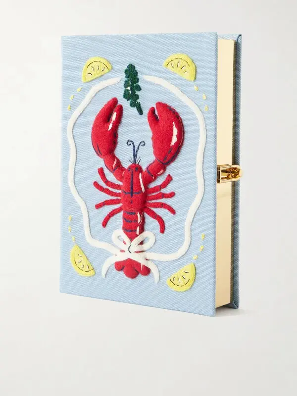 OLYMPIA LE-TAN Lobster Appliquéd Embroidered Canvas Clutch - Blue