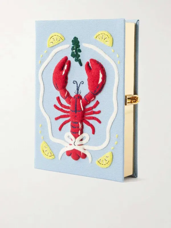 OLYMPIA LE-TAN Lobster Appliquéd Embroidered Canvas Clutch - Sky Blue