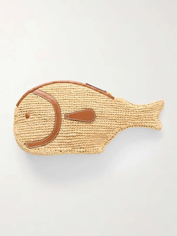 Staud Pesce Leather-trimmed Raffia Clutch - Neutral