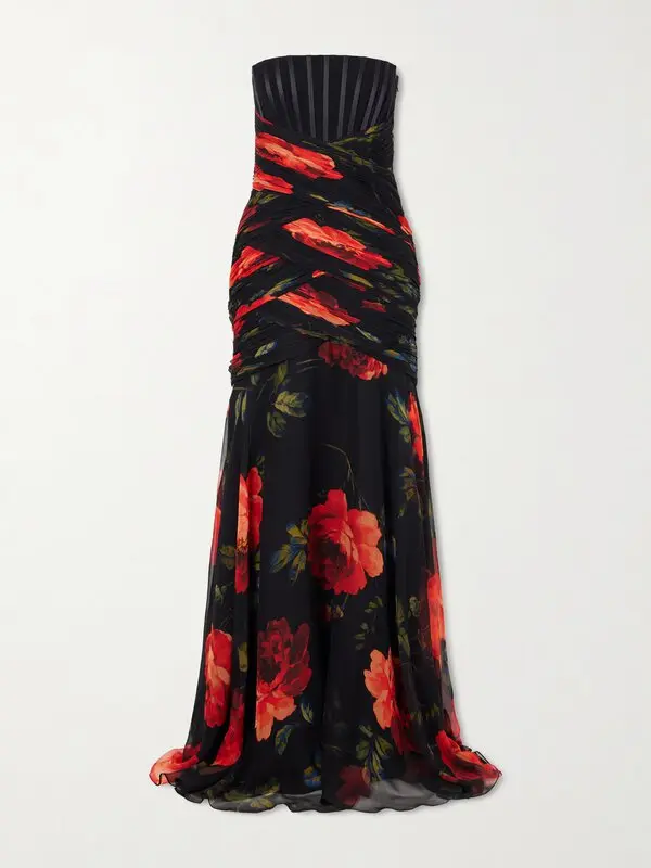 Carolina Herrera Strapless Ruched Floral-printed Silk-chiffon Gown - Multi
