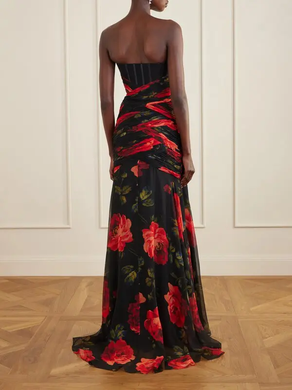 Carolina Herrera Strapless Ruched Floral-printed Silk-chiffon Gown - Multi