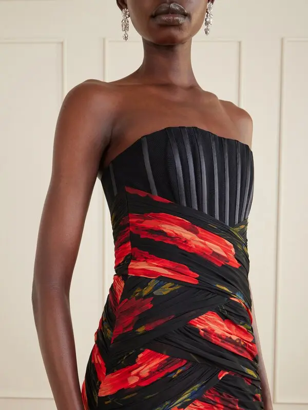 Carolina Herrera Strapless Ruched Floral-printed Silk-chiffon Gown - Multi
