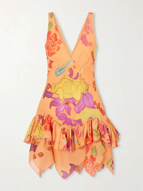 DONDE ESTEBAN Guava Flores Ruffled Printed Mini Dress - Orange
