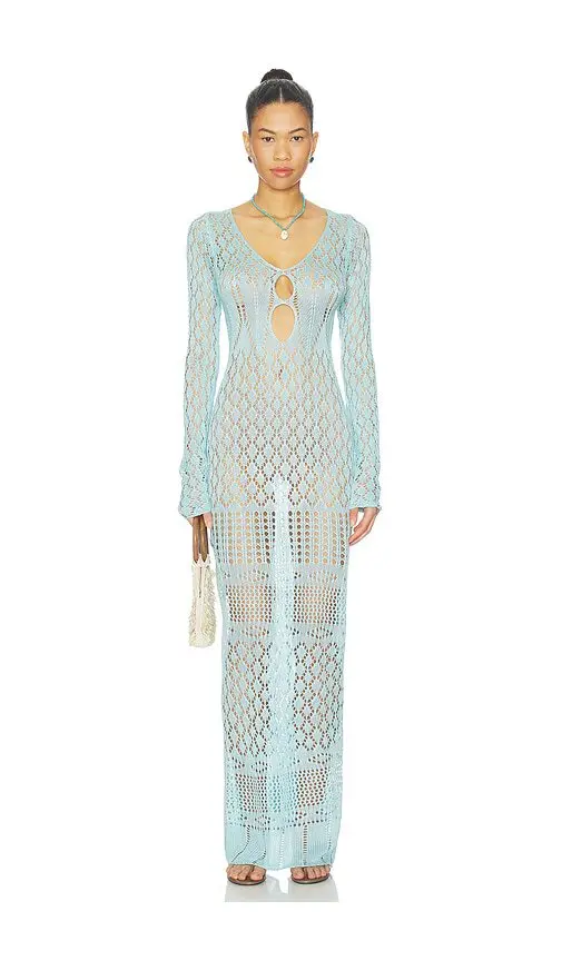 SNDYS Long Sleeve Crochet Maxi Dress - Light Blue