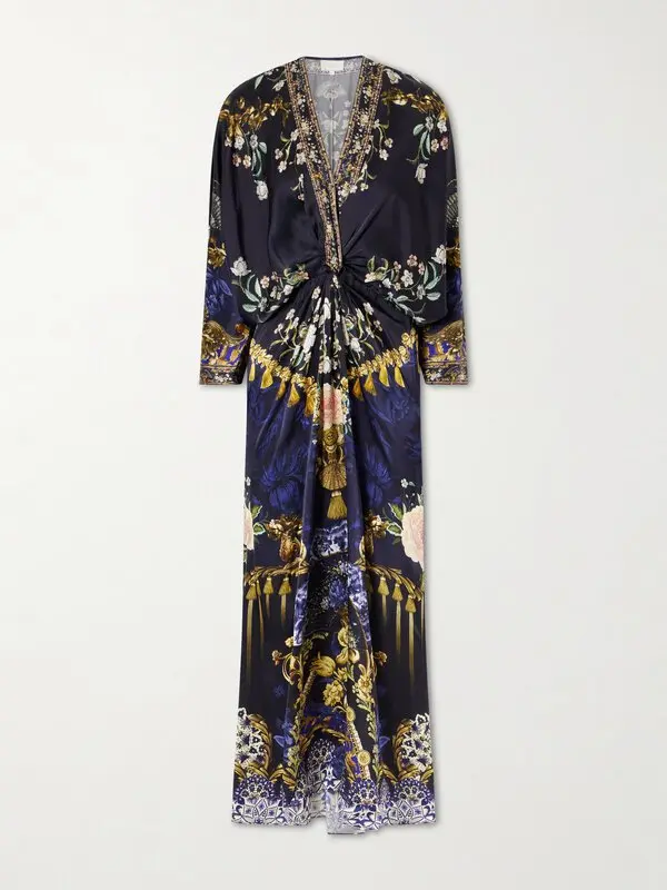 Camilla Gathered Embellished Printed Maxi Dress - Blue