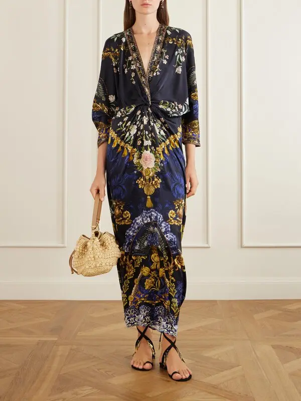 Camilla Gathered Embellished Printed Maxi Dress - Blue