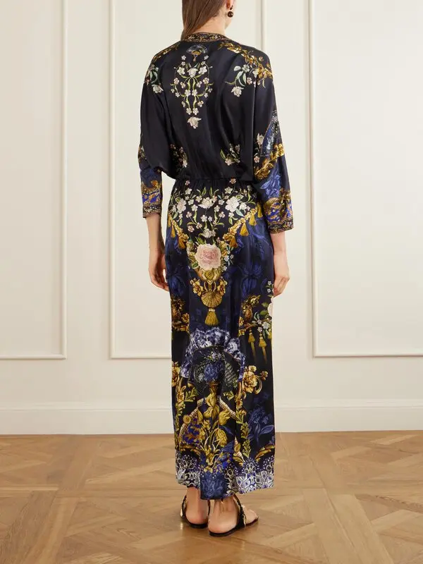 Camilla Gathered Embellished Printed Maxi Dress - Blue