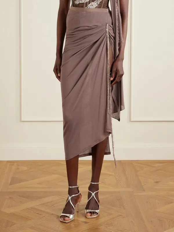WIEDERHOEFT Embellished Draped Knitted Midi Skirt
