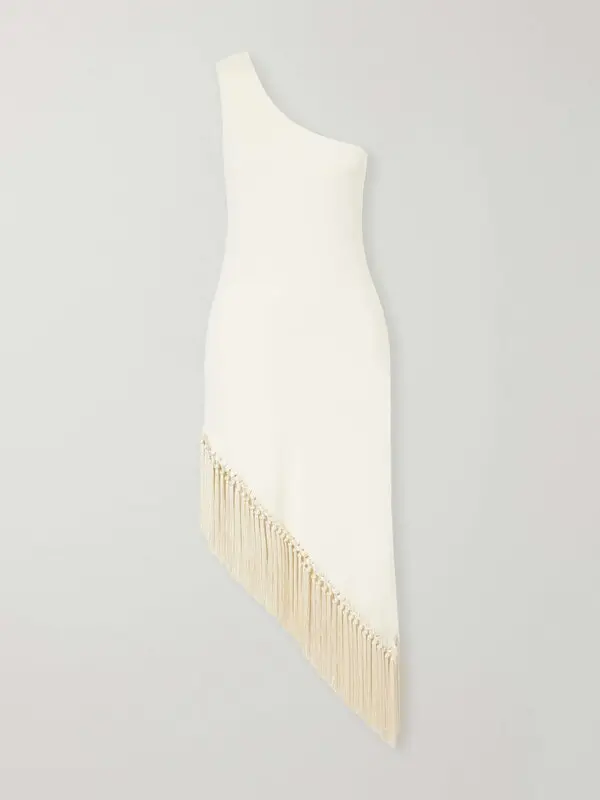 TALLER MARMO One-shoulder Asymmetrical Fringed Stretch-jersey Midi Dress - Ivory