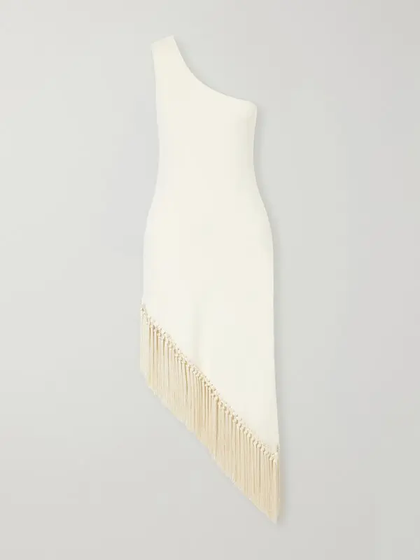 TALLER MARMO One-shoulder Asymmetrical Fringed Stretch-jersey Midi Dress - Neutrals