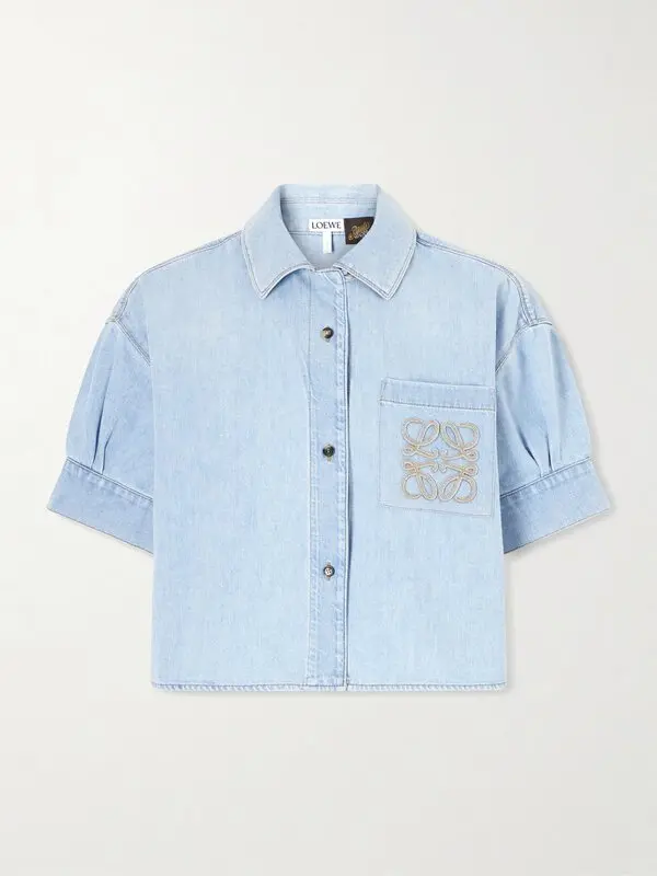 Loewe Logo-embroidered Cropped Denim Shirt - Blue