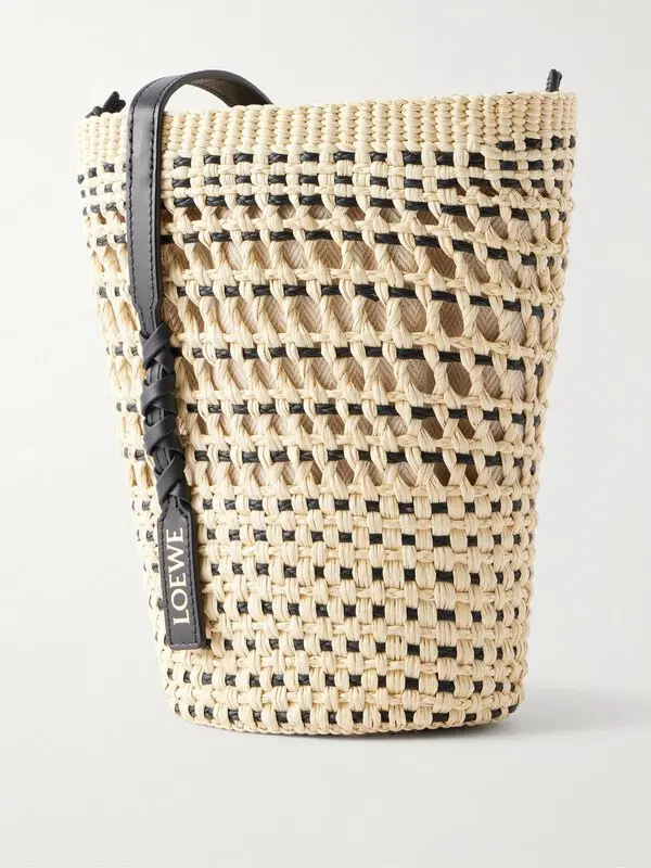 Loewe Woven Raffia Bucket Bag With Leather Trim - Neutrals