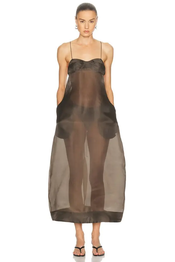 RÓHE Sheer Bustier Volume Dress In Chocolate - Earth