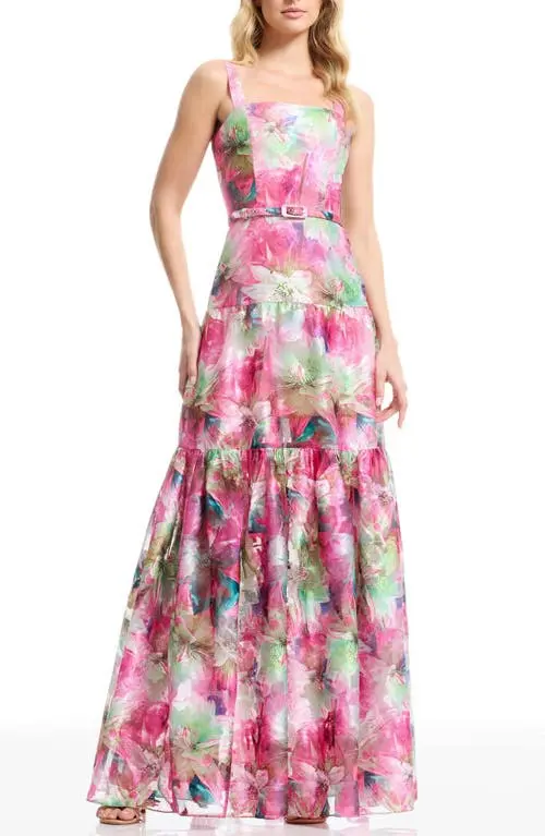Dress The Population Tate Floral Jacquard Belted Dress - Bright Fuchsia Multi
