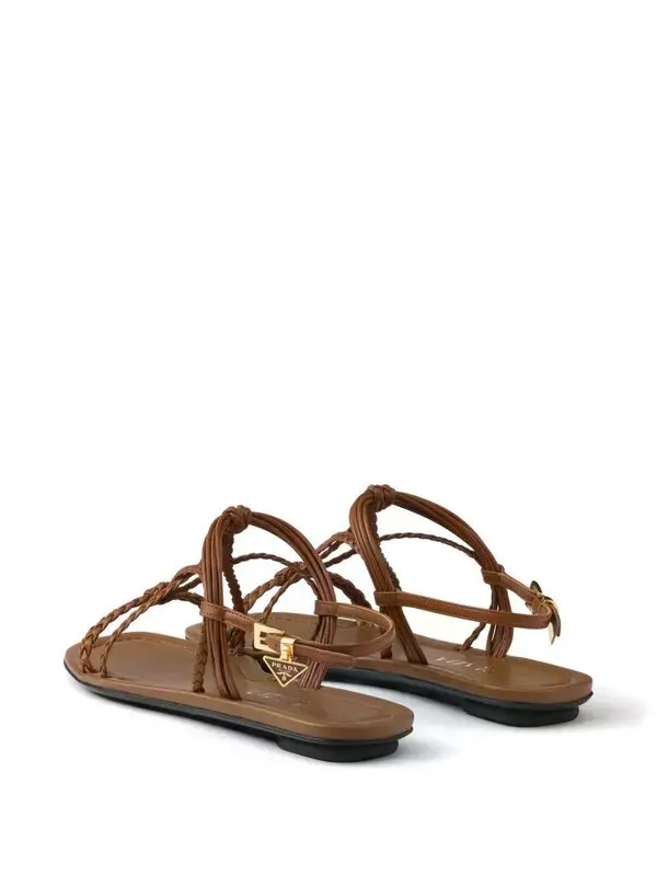 Prada Braided Flat Leather Sandals With Metal Logo Accent - Brown