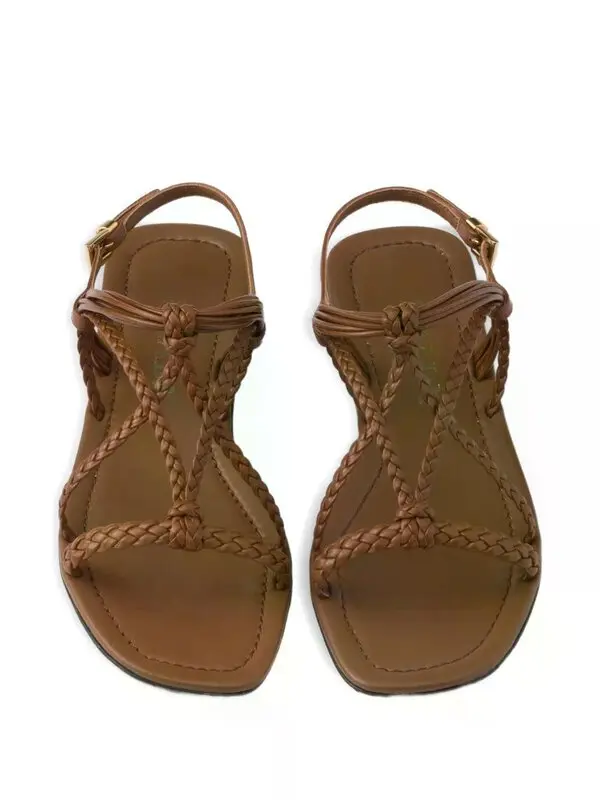 Prada Braided Flat Leather Sandals With Metal Logo Accent - Brown