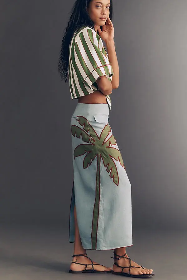 Farm Rio Embroidered Palm Linen Midi Skirt