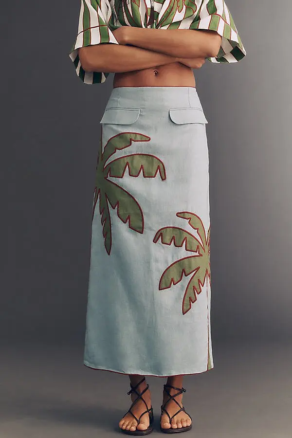 Farm Rio Embroidered Palm Linen Midi Skirt