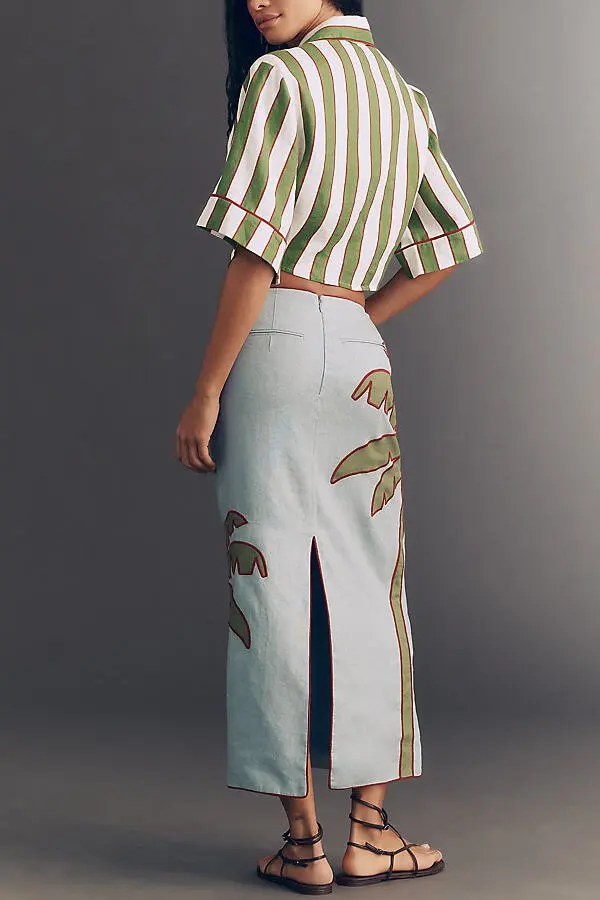 Farm Rio Embroidered Palm Linen Midi Skirt