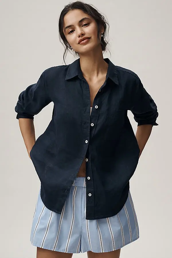 Maeve 100% European Flax Linen Classic Buttondown Shirt - Navy