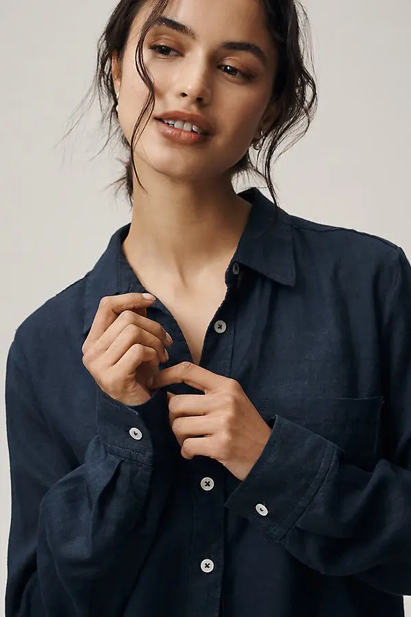 Maeve 100% European Flax Linen Classic Buttondown Shirt - Navy