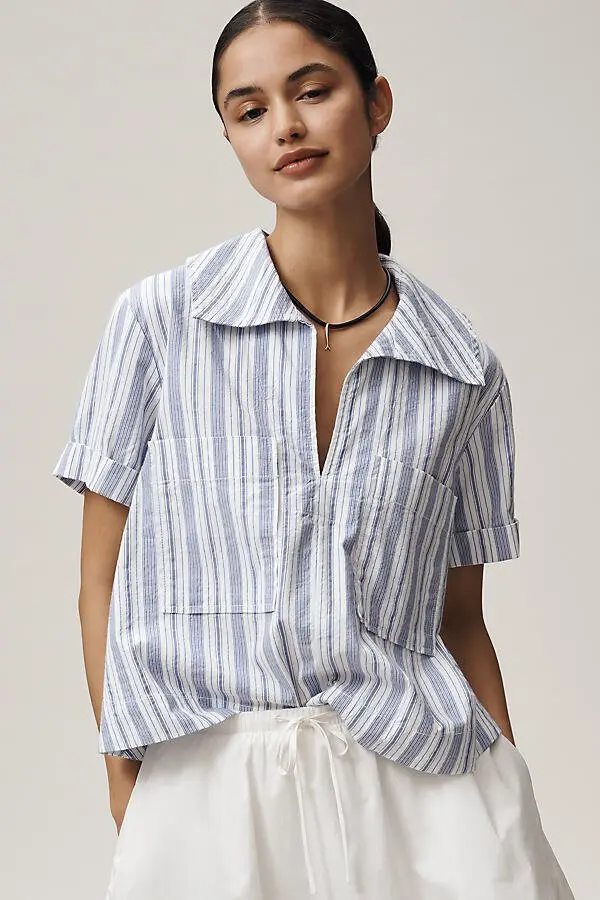 Maeve Short-sleeve Cropped Buttondown Top With Stripes - Blue Stripe
