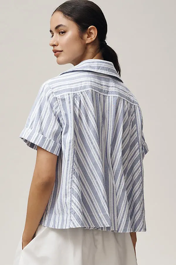 Maeve Short-sleeve Cropped Buttondown Top With Stripes - Blue Stripe