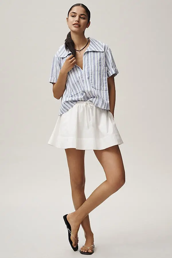 Maeve Short-sleeve Cropped Buttondown Top With Stripes - Blue Stripe