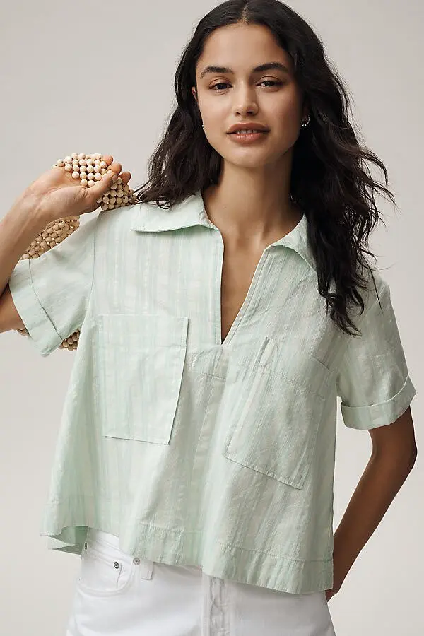 Maeve Short-sleeve Swing Buttondown Top - Green Stripe