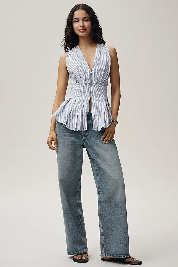 Maeve Sleeveless Zip-front Peplum Top - Blue Stripe