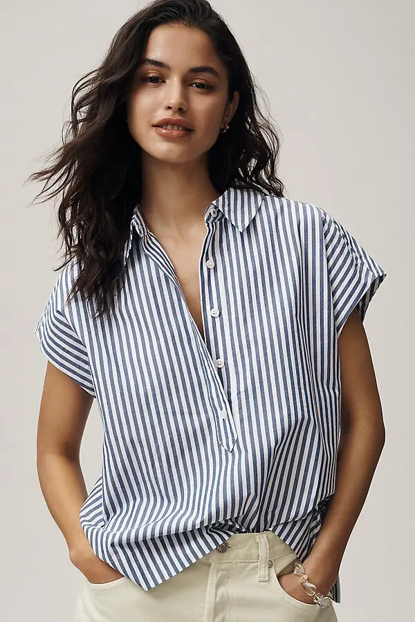 Maeve 100% Cotton Sleeveless Buttondown Shirt - Blue Stripe